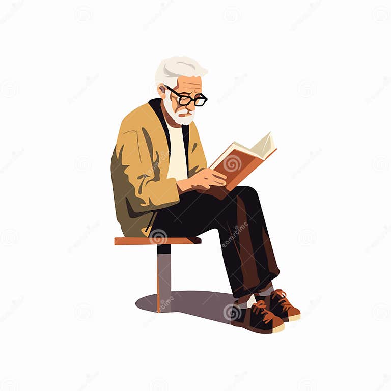 Old Man Reading Book Vector Flat Minimalistic Isolated Illustration