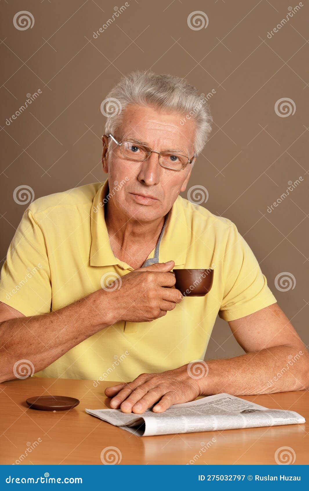 Old Man Reading Newspaper and Drinking Coffee Stock Image - Image of ...