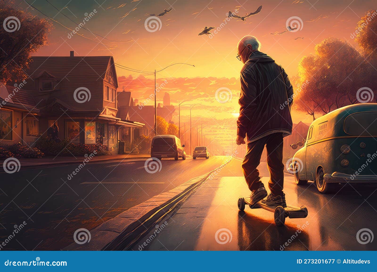Old Man Riding Skateboard Down The Street With View Of Beautiful