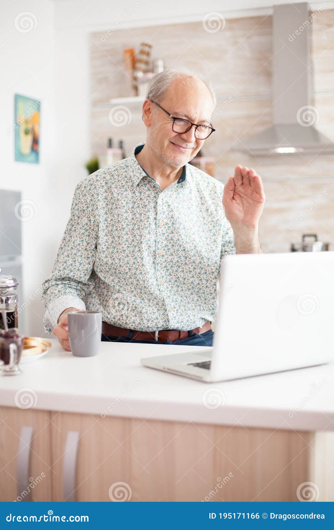 Old man saying hello stock photo. Image of male, indoors - 195171166