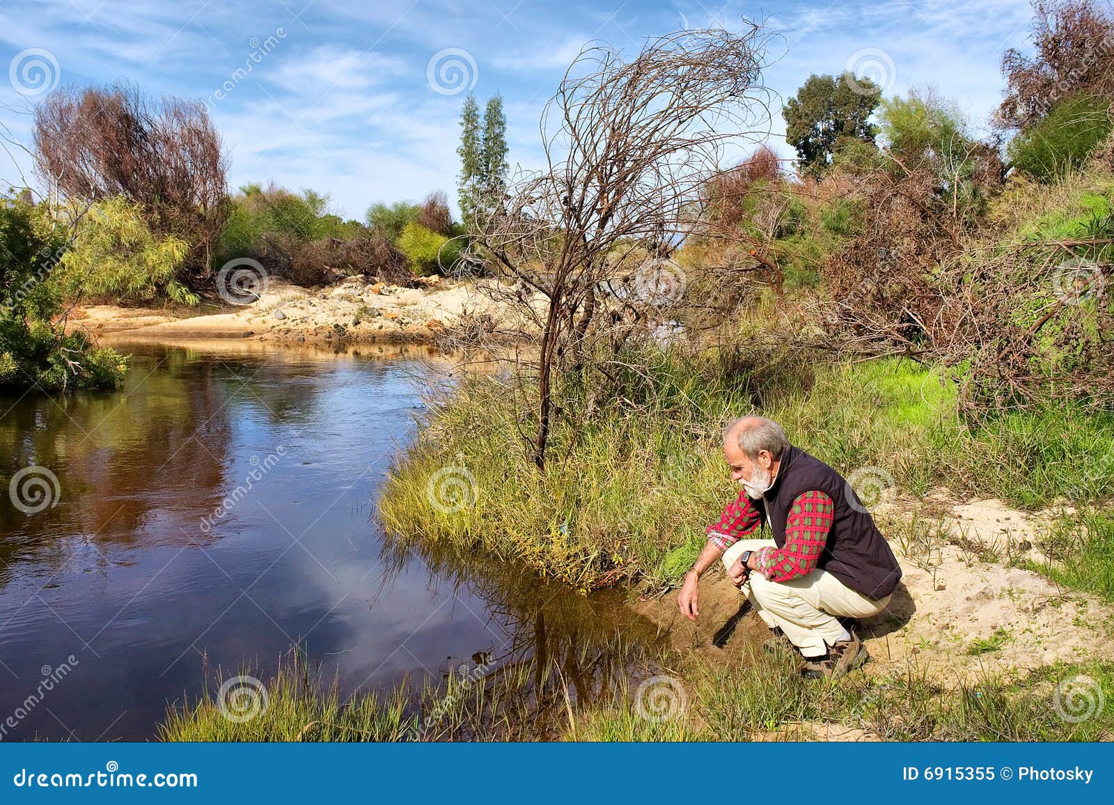 Old Man Sits Next To River in Mountains Stock Image - Image of beard ...