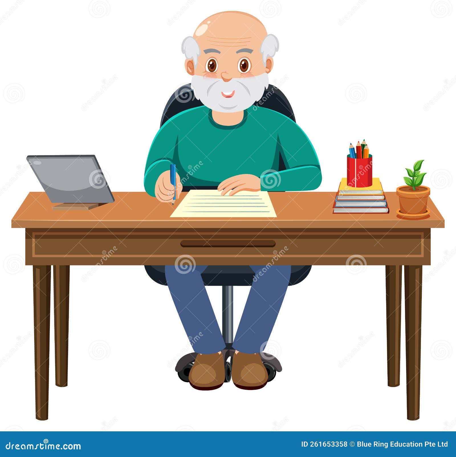 Old man sitting at desk stock vector. Illustration of male - 261653358