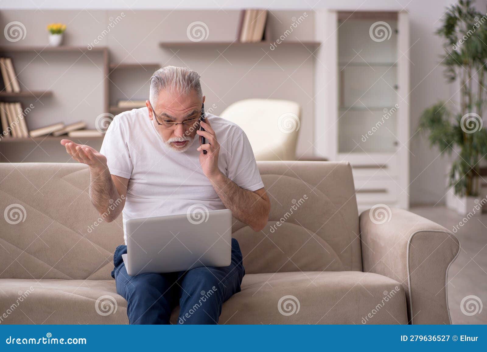 Old man sitting at home stock image. Image of online - 279636527