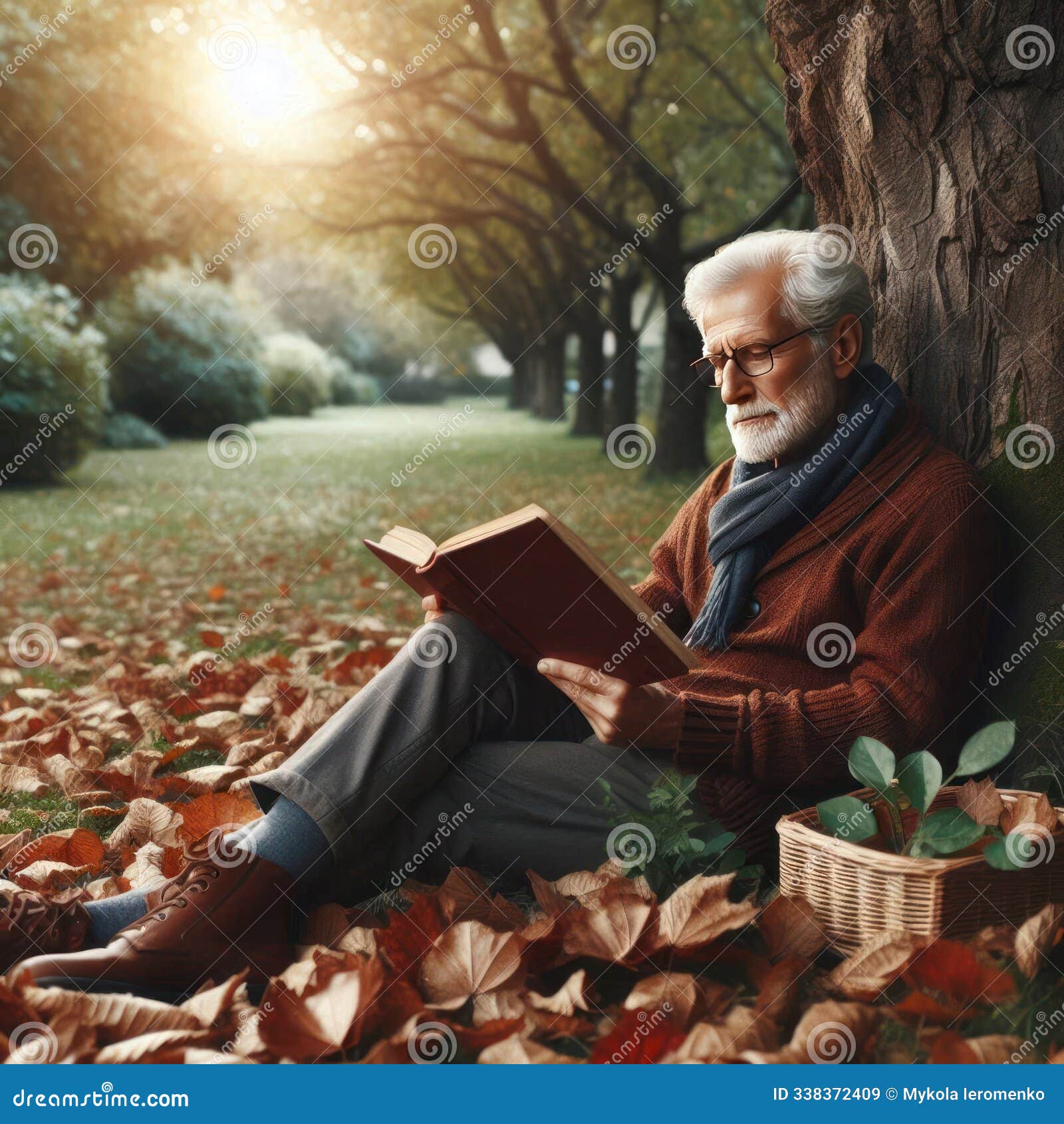 An Old Man is Sitting Under a Tree with a Book among the Autumn Leaves ...