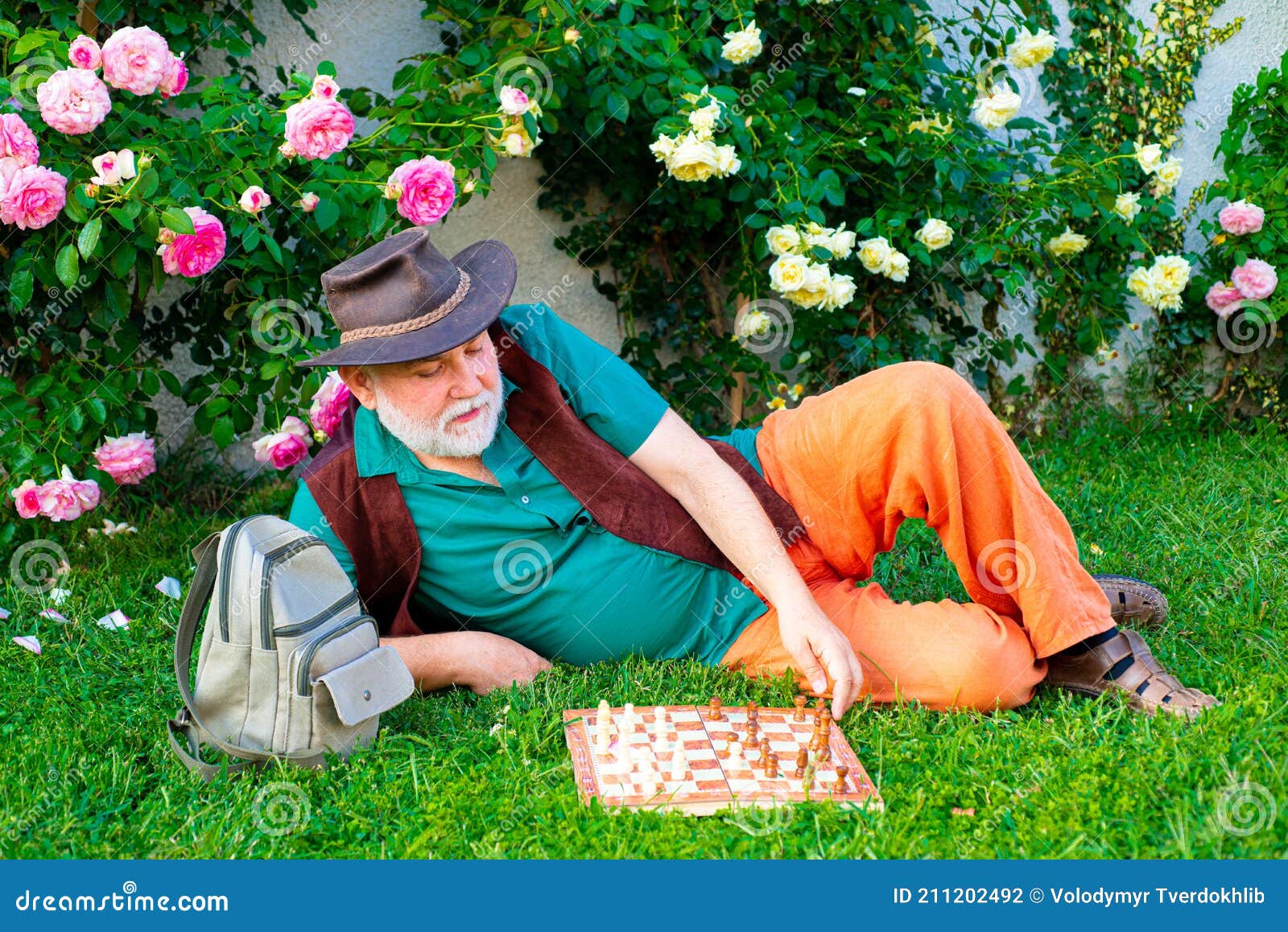 Old Man in Spring Garden with Chess. Hobby Concept. Happy Old Age ...
