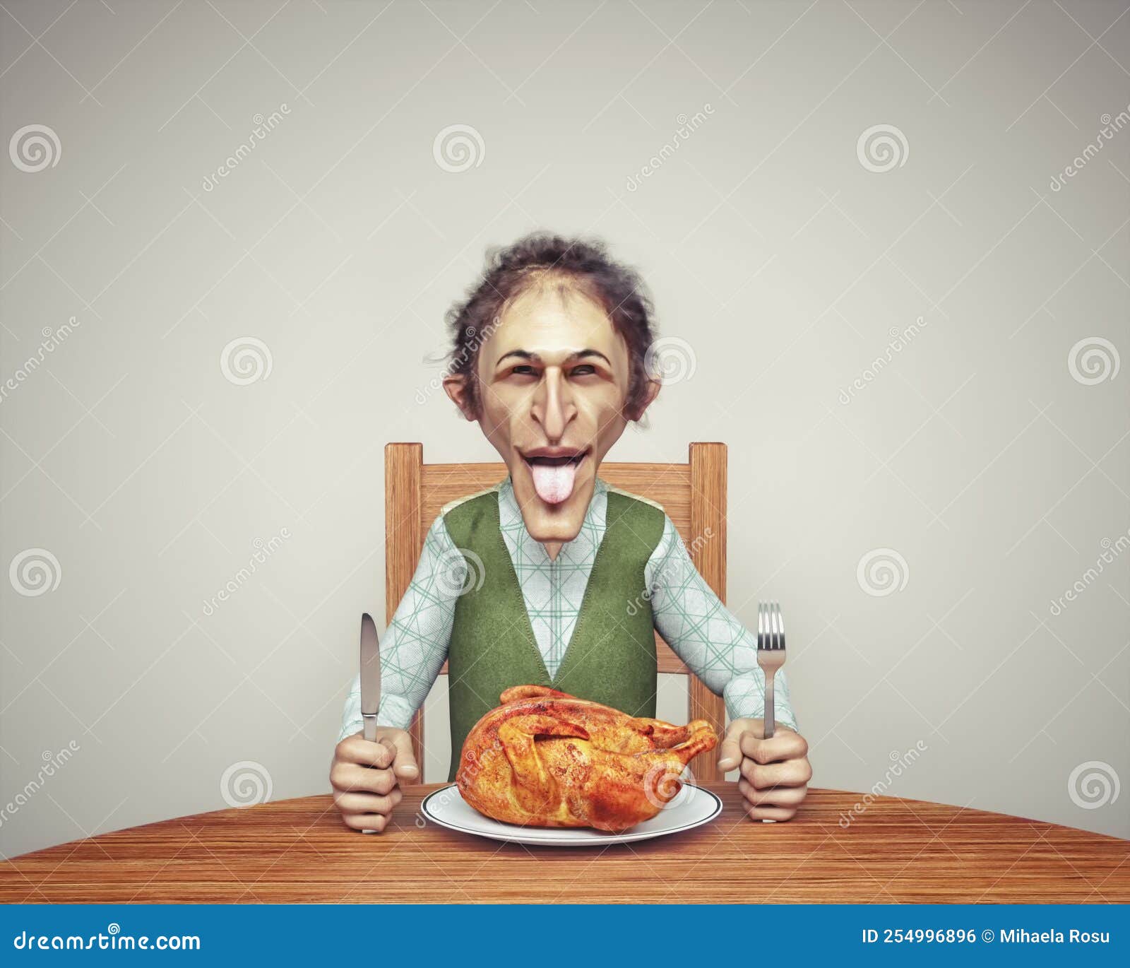 Old Man at the Table with a Chicken on His Plate Stock Illustration ...