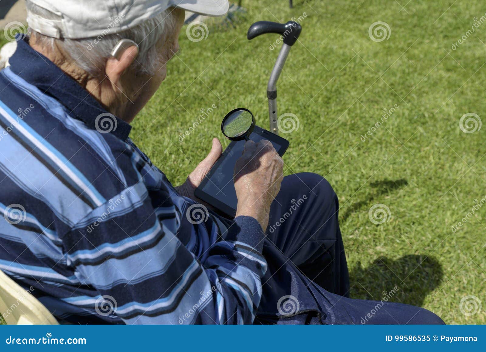 Old Man Tablet Magnifying Glass Reading Stock Image - Image of email ...