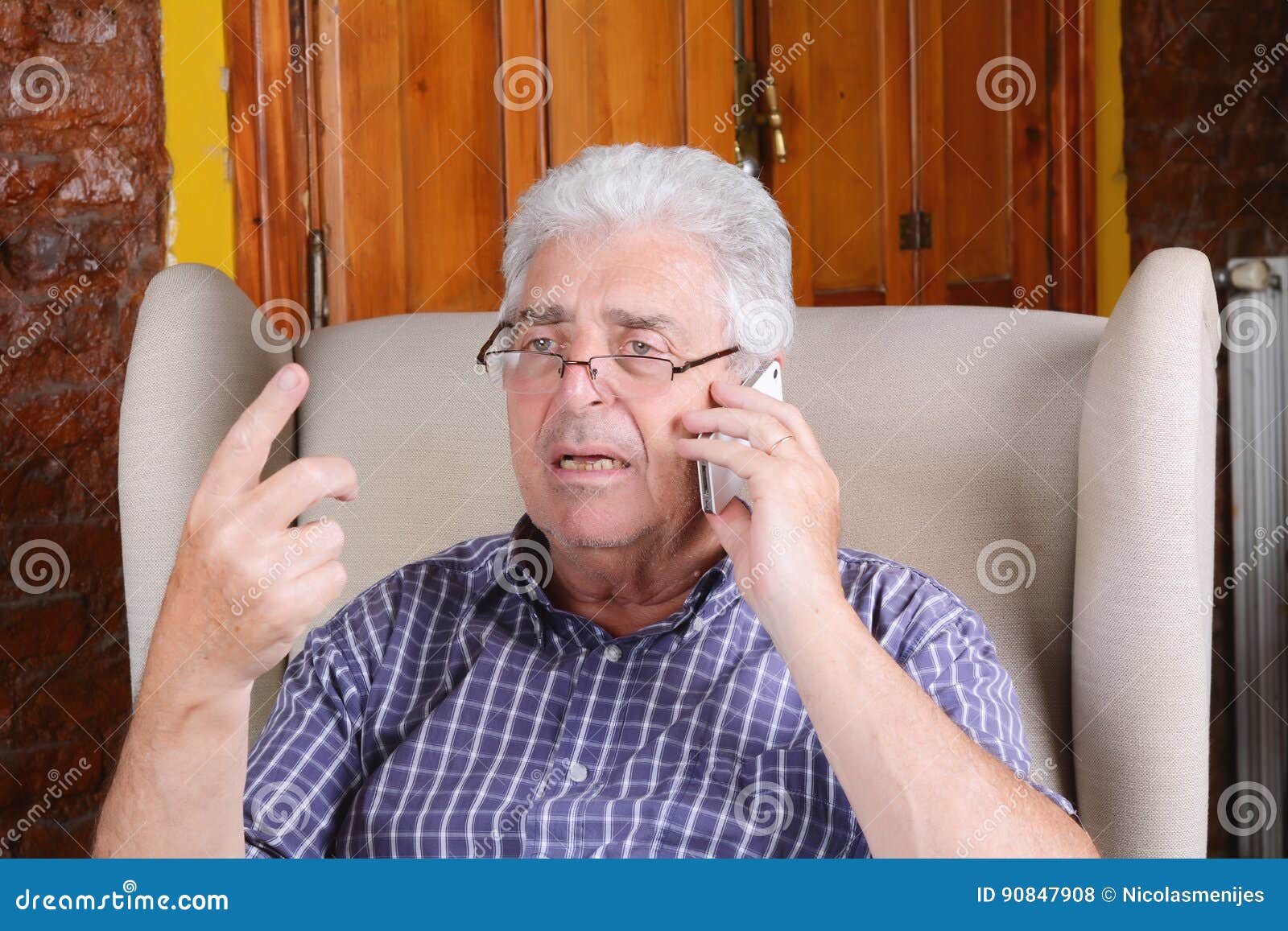 Old man talking on phone. stock photo. Image of background - 90847908