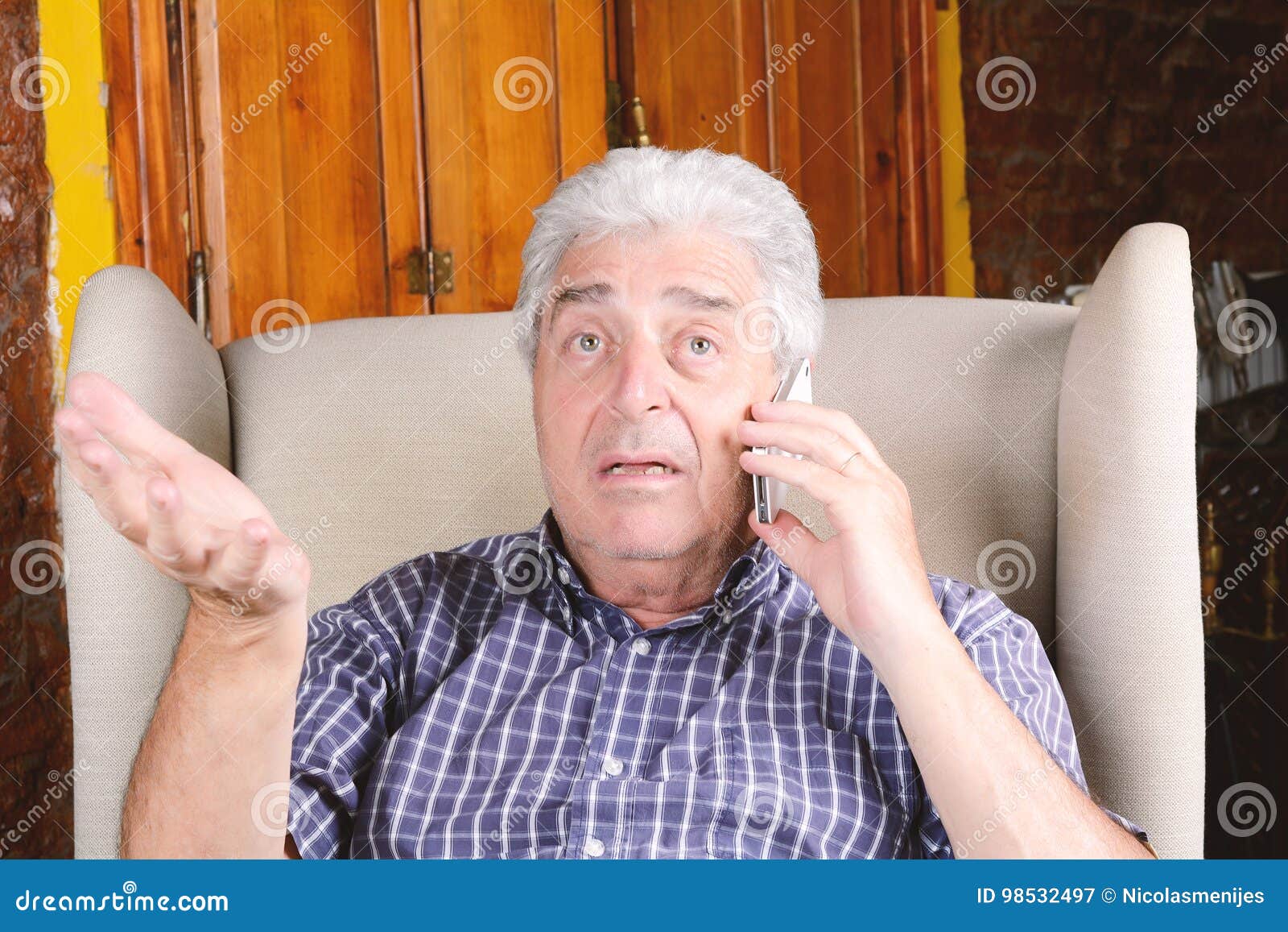 Old man talking on phone. stock image. Image of male - 98532497