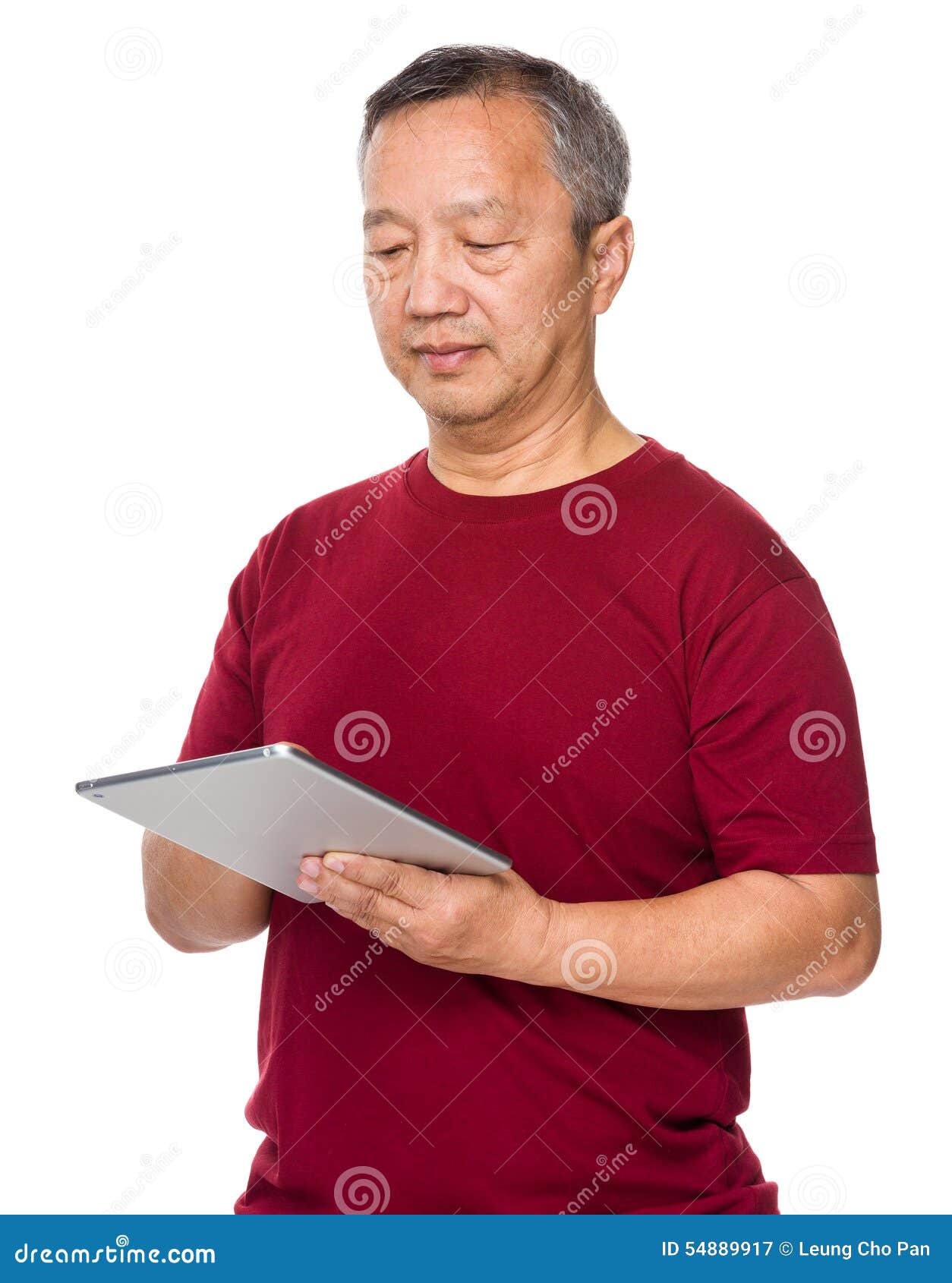 Old man use of tablet pc stock image. Image of clothes - 54889917