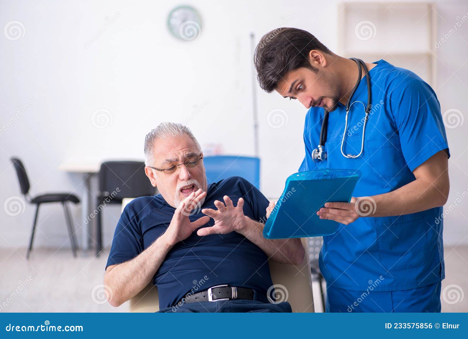 Old Man Visiting Young Male Doctor Stock Photo - Image of care, clinic ...