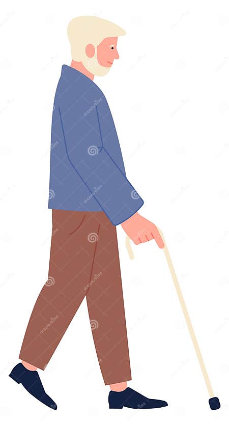 Old Man Walking With Cane Elderly Character Side View Stock Vector