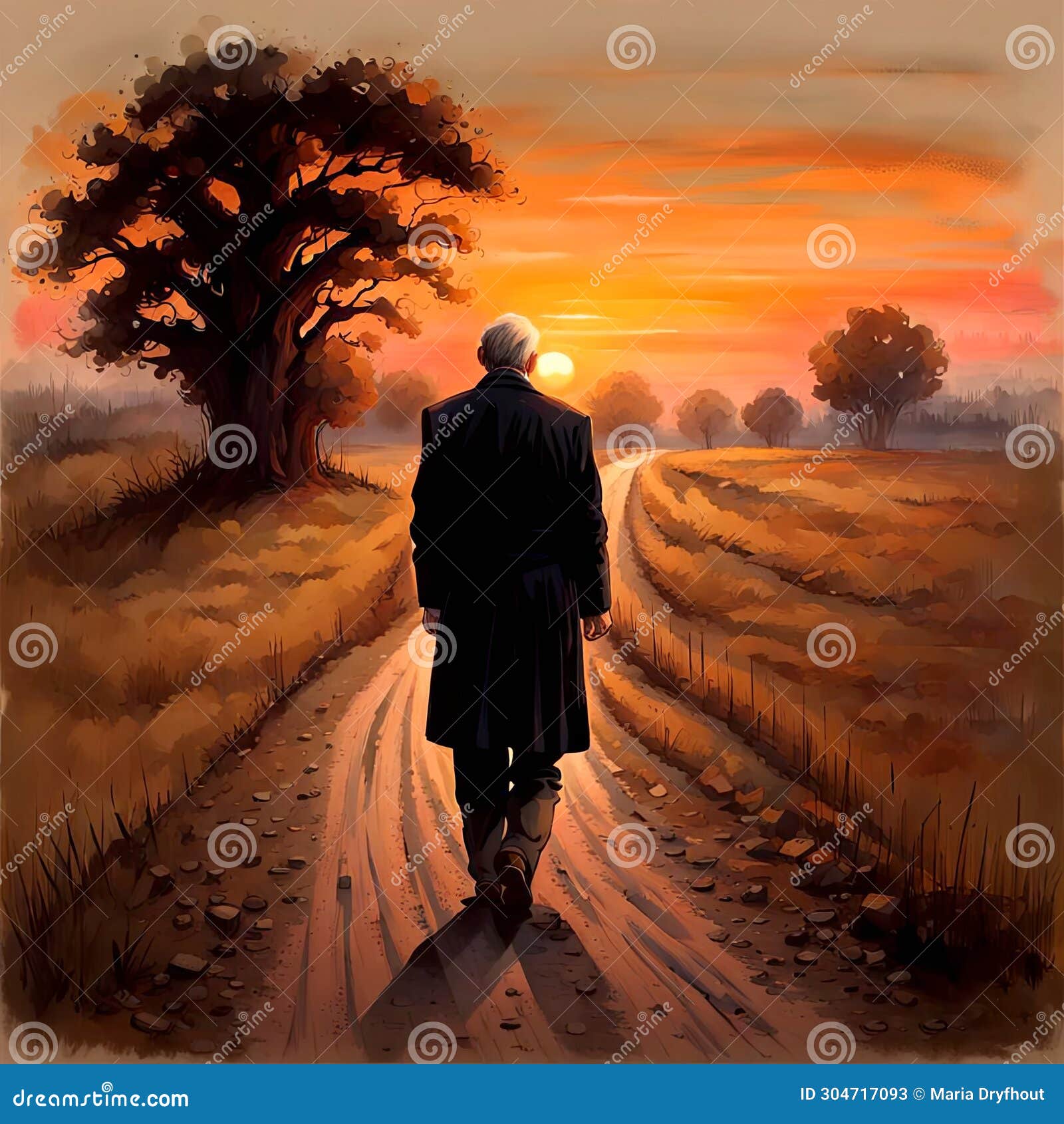 Old Man Walking Down a Dirt Path Stock Illustration - Illustration of ...