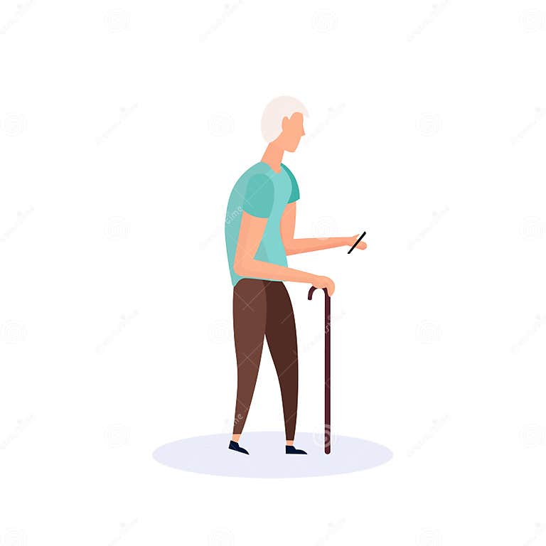 Old Man Walking Stick Using Smartphone Elderly Grandfather Walk