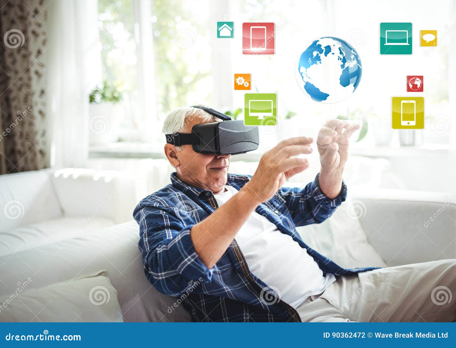 Old Man Wearing VR Virtual Reality Headset with Interface Stock Photo ...