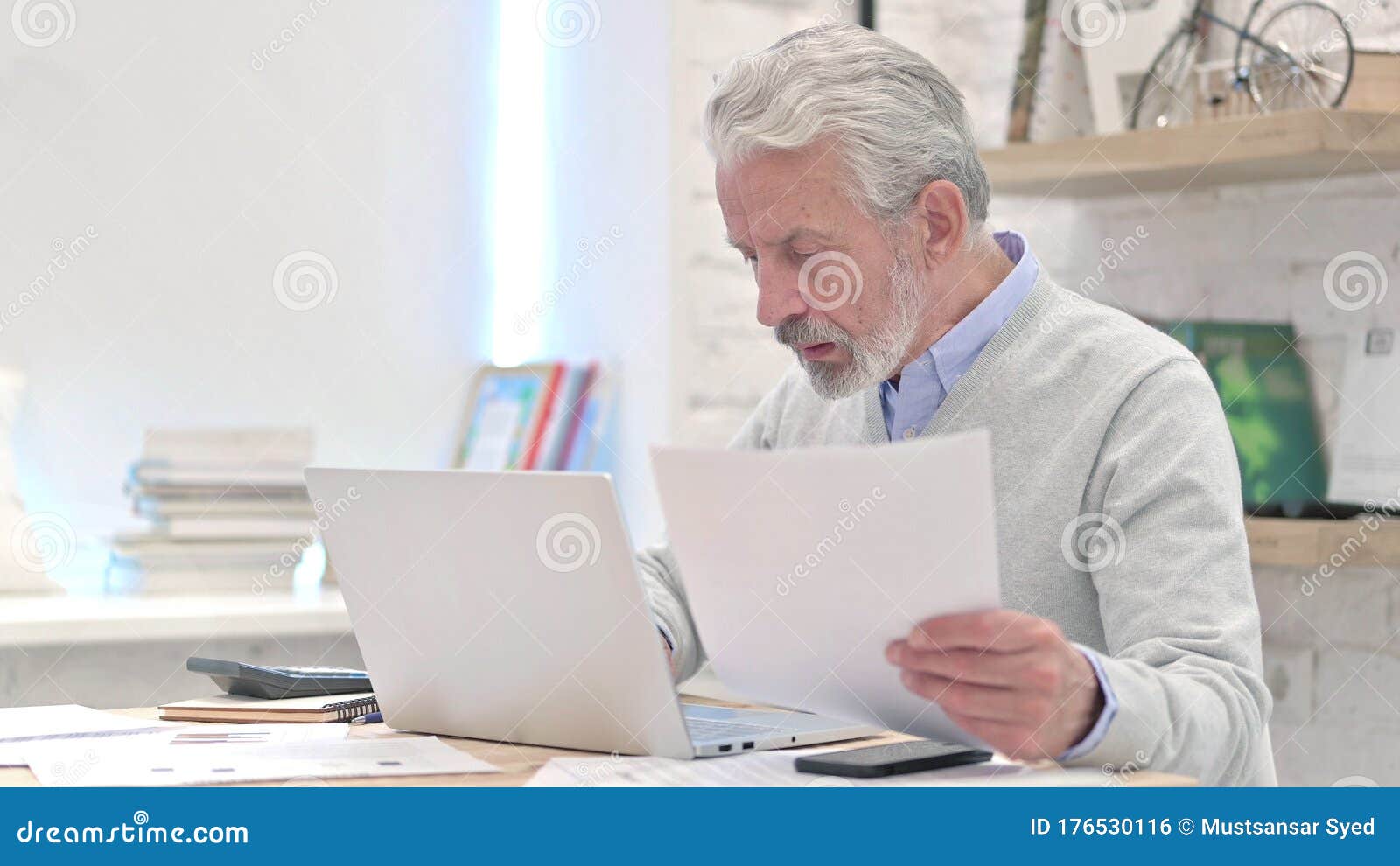 Senior Old Man Working in Office on Contract, Paperwork Stock Photo ...