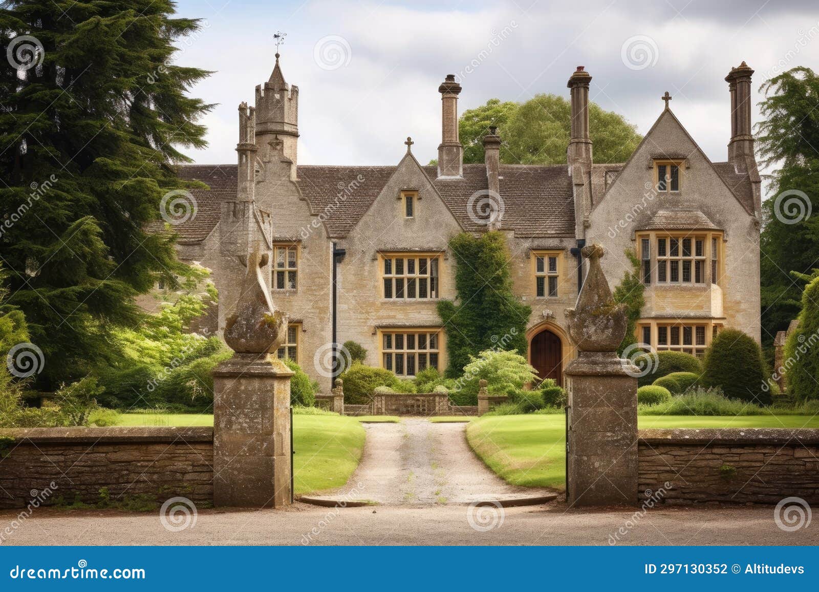 Old Manor House with Decorative Stonework and Tall Spires Stock Photo ...