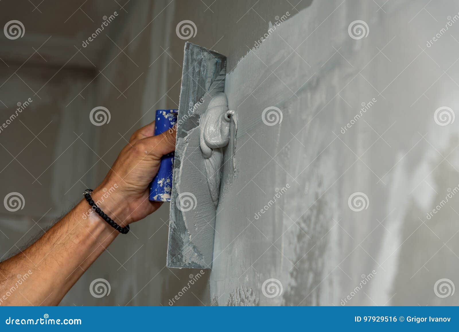 Old Manual Worker with Wall Plastering Tools Renovating House Stock ...