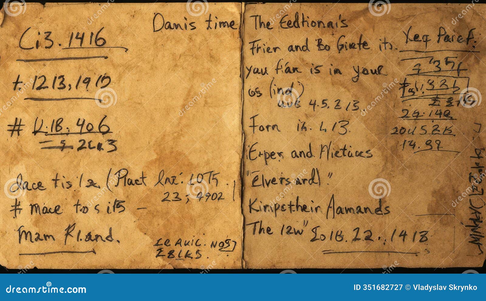 Historical Manuscript with Time Notation and Cryptic Text Details ...