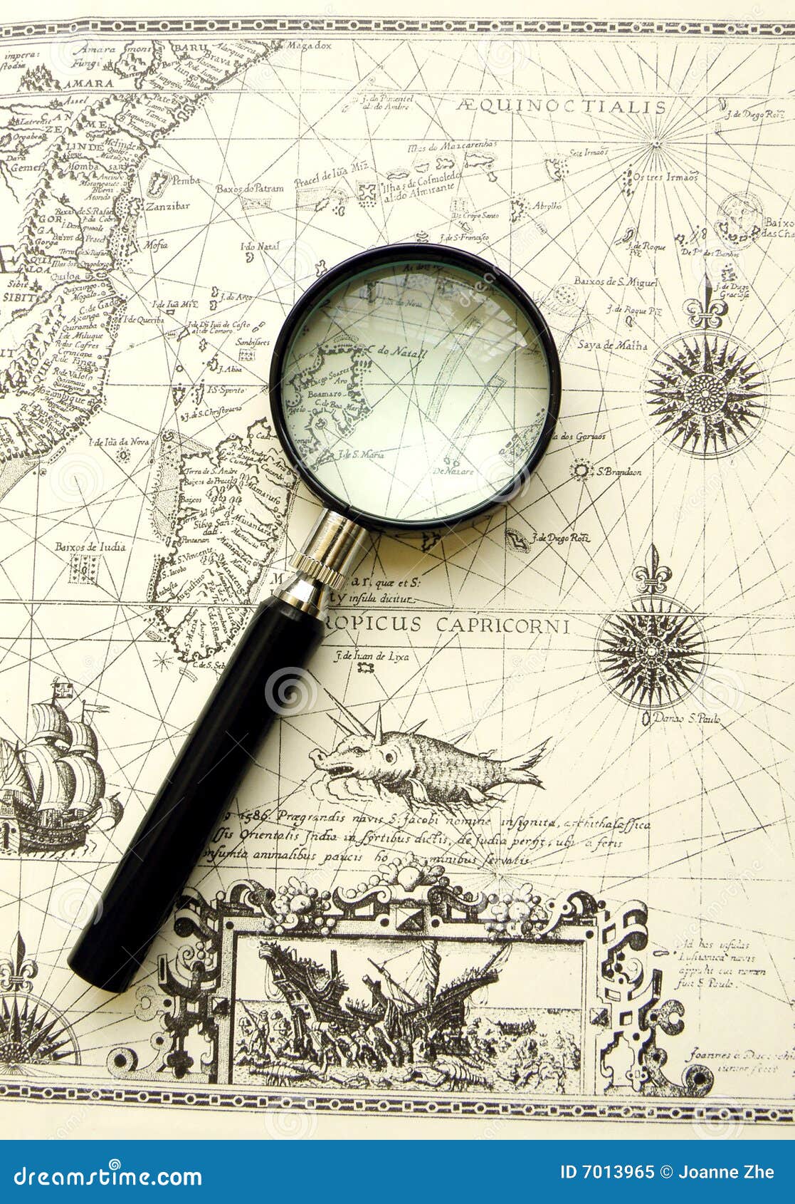Old Map - Ancient Sea Chart, Magnifier Stock Image - Image of continent ...