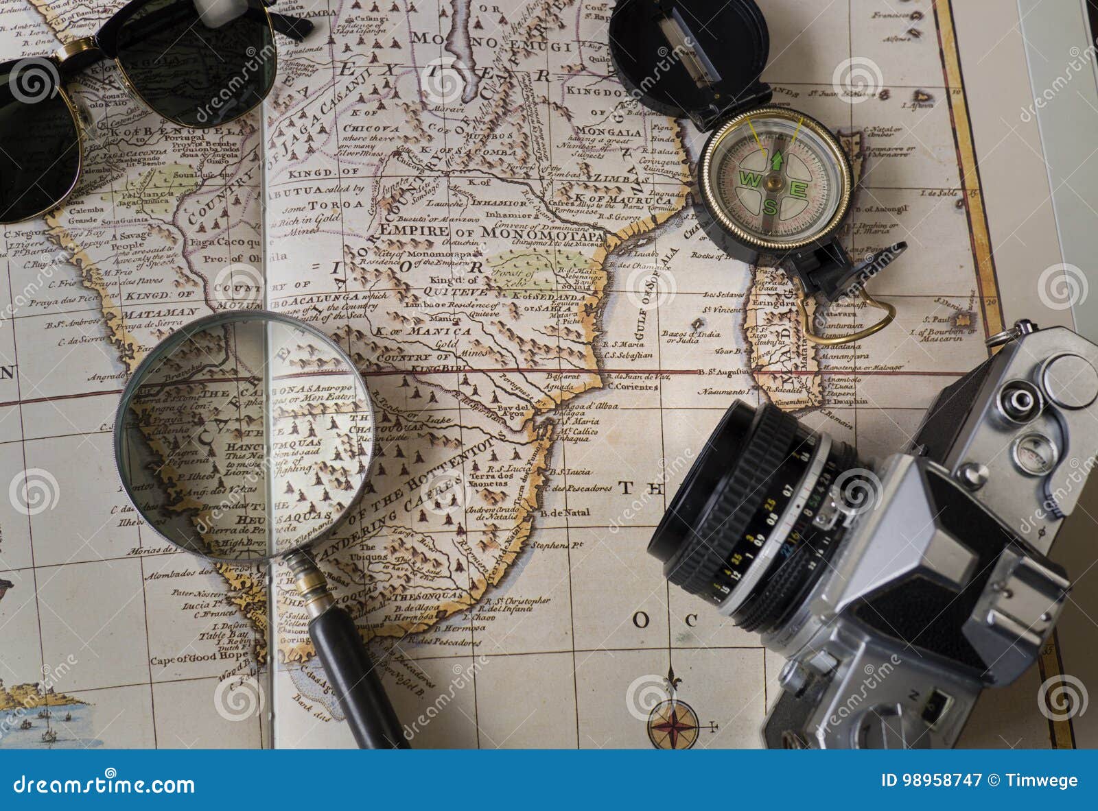 Old Map and Camera with Compass, Top Angle Stock Image - Image of life ...