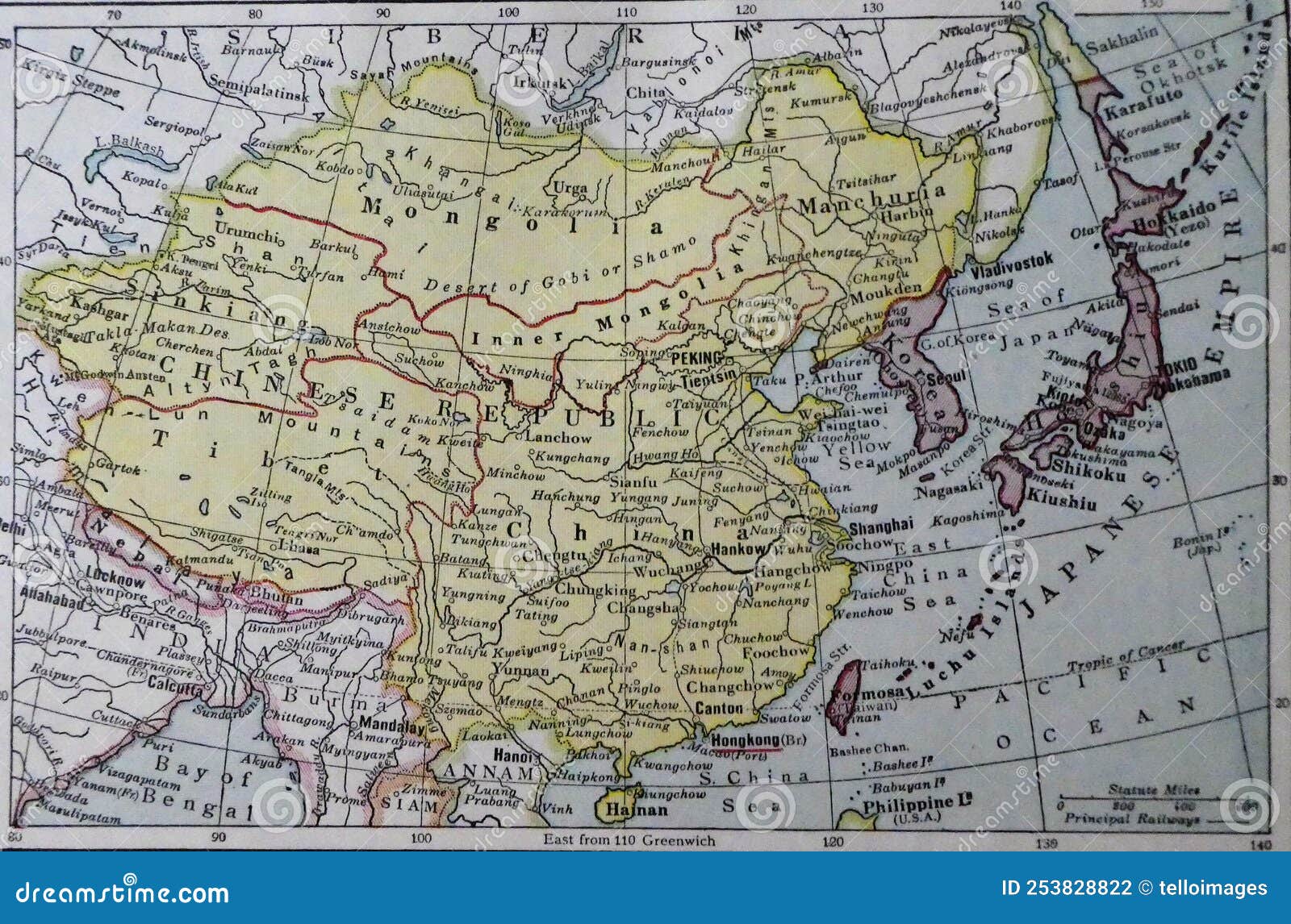 Vintage Map of China, Korea and Japan Stock Photo - Image of 1930s ...