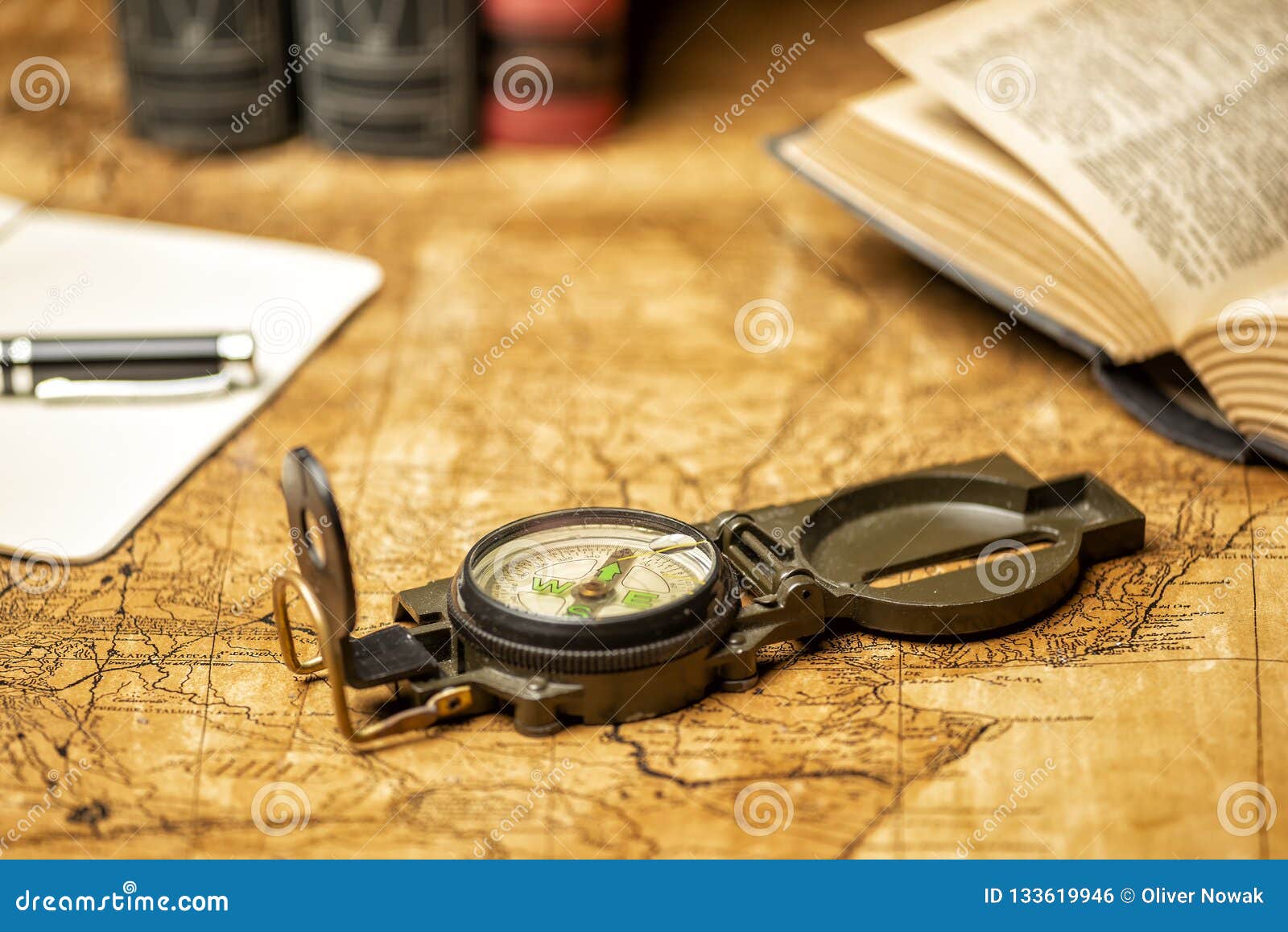 Old Map with Compass Notebooks and Books Stock Photo - Image of journey ...