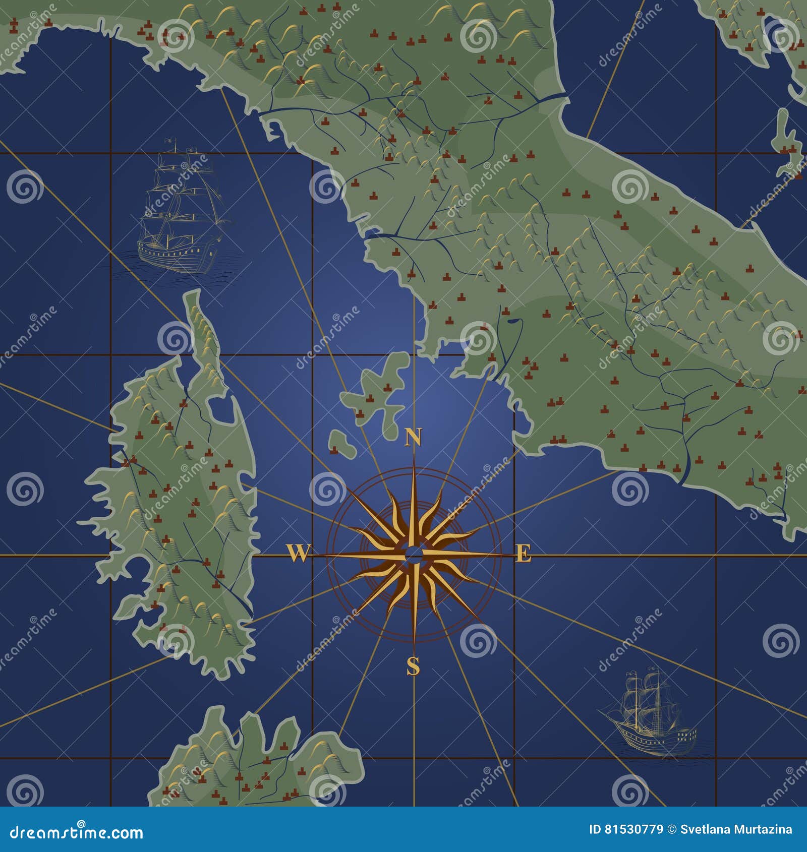 Old Map with a Compass and Ships Stock Vector - Illustration of shape ...