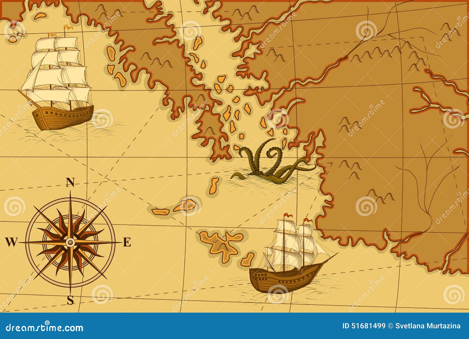 Old Map With A Compass And Ships Stock Vector Illustration Of Outline Rose 51681499