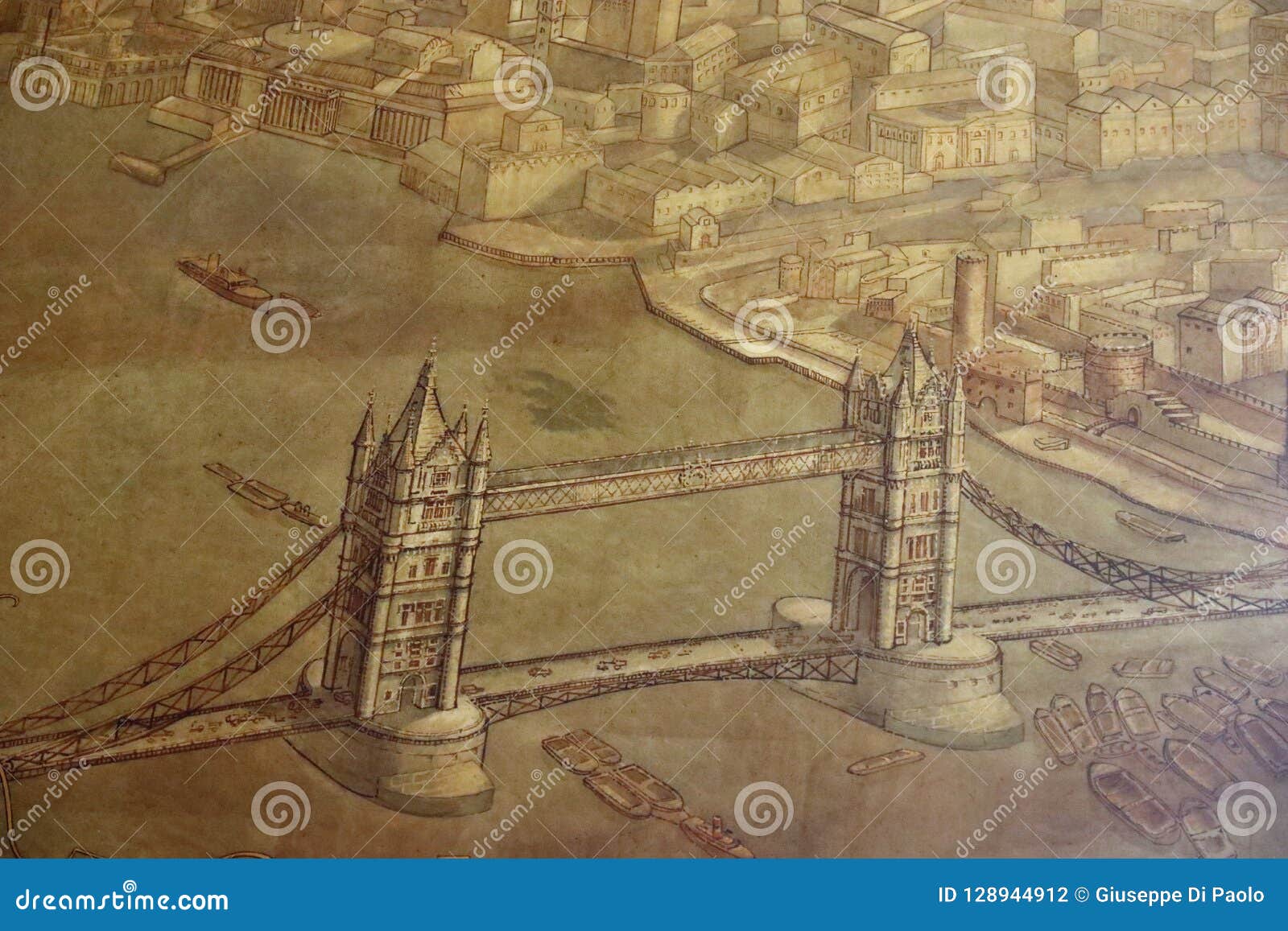 Old Map of London, Tower Bridge Stock Illustration - Illustration of ...