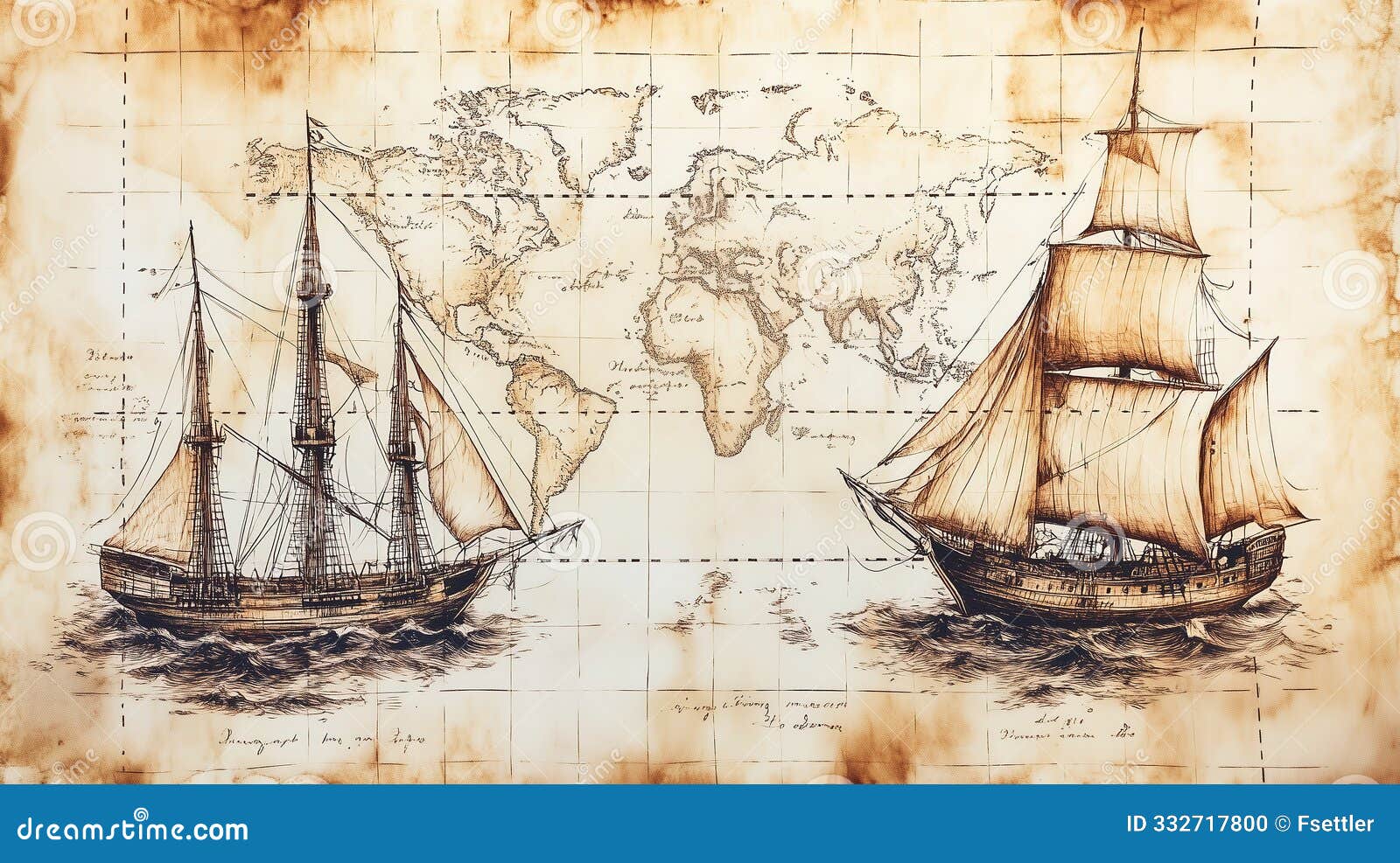 An Old Map with Sailing Ships, Continents and Oceans Stock Illustration ...