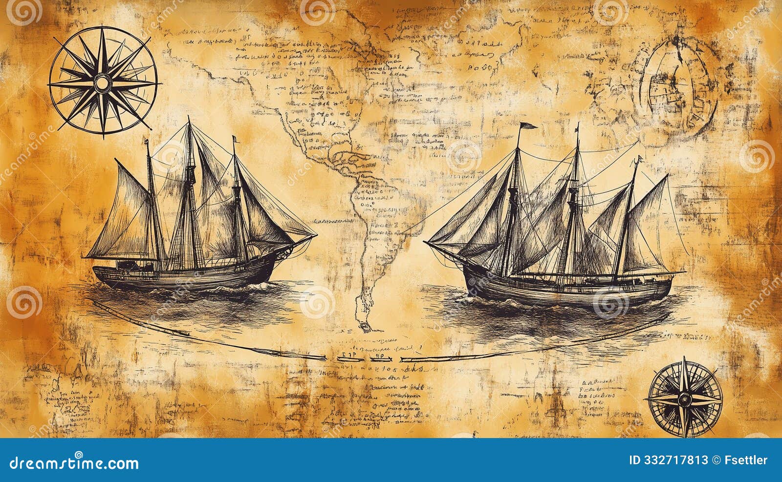 An Old Map With Sailing Ships, Continents And Oceans Royalty-Free Stock ...