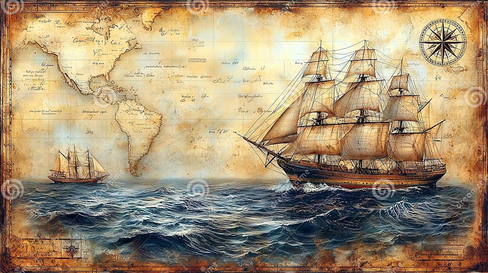 An Old Map with Sailing Ships, Continents and Oceans Stock Illustration ...