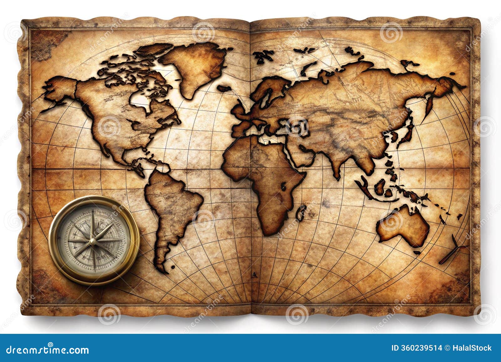 Old Map with Two Hemispheres and Compass 3D Illustration Stock ...