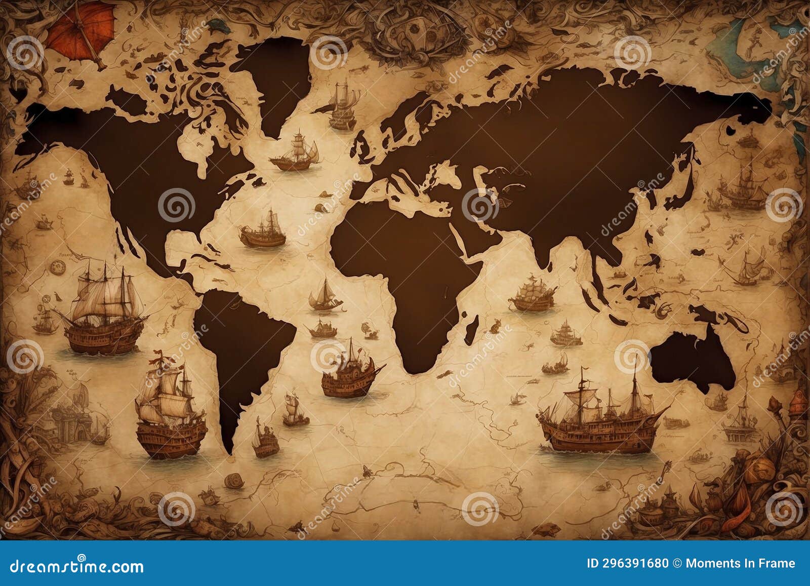 Old Map of the World with Pirate Ships on a Grunge Background Stock ...