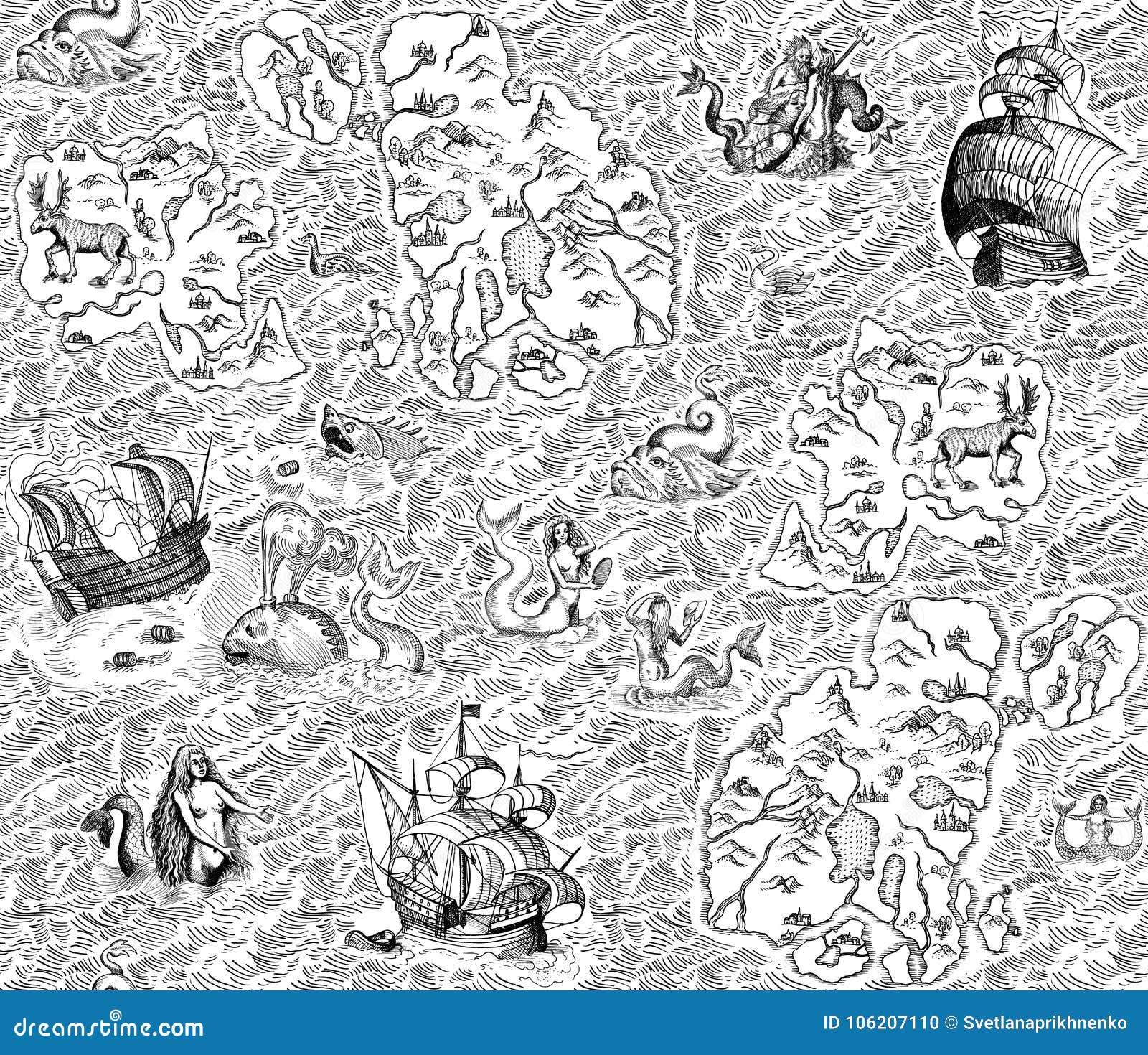 Old Nautical Map Sea Monster