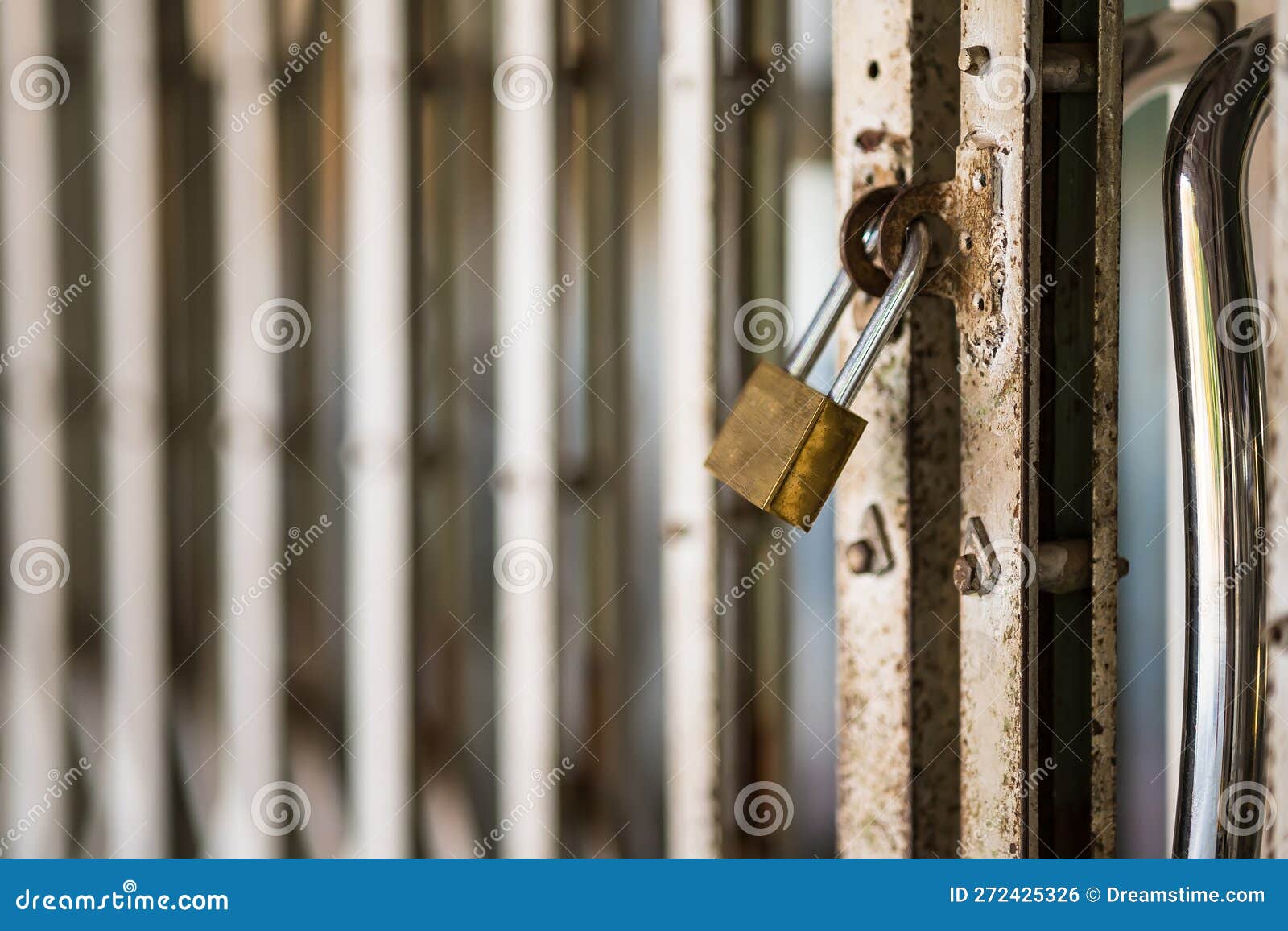 Old Master Key Locked on Iron Gate, Steel Padlock, Close Up Selective ...