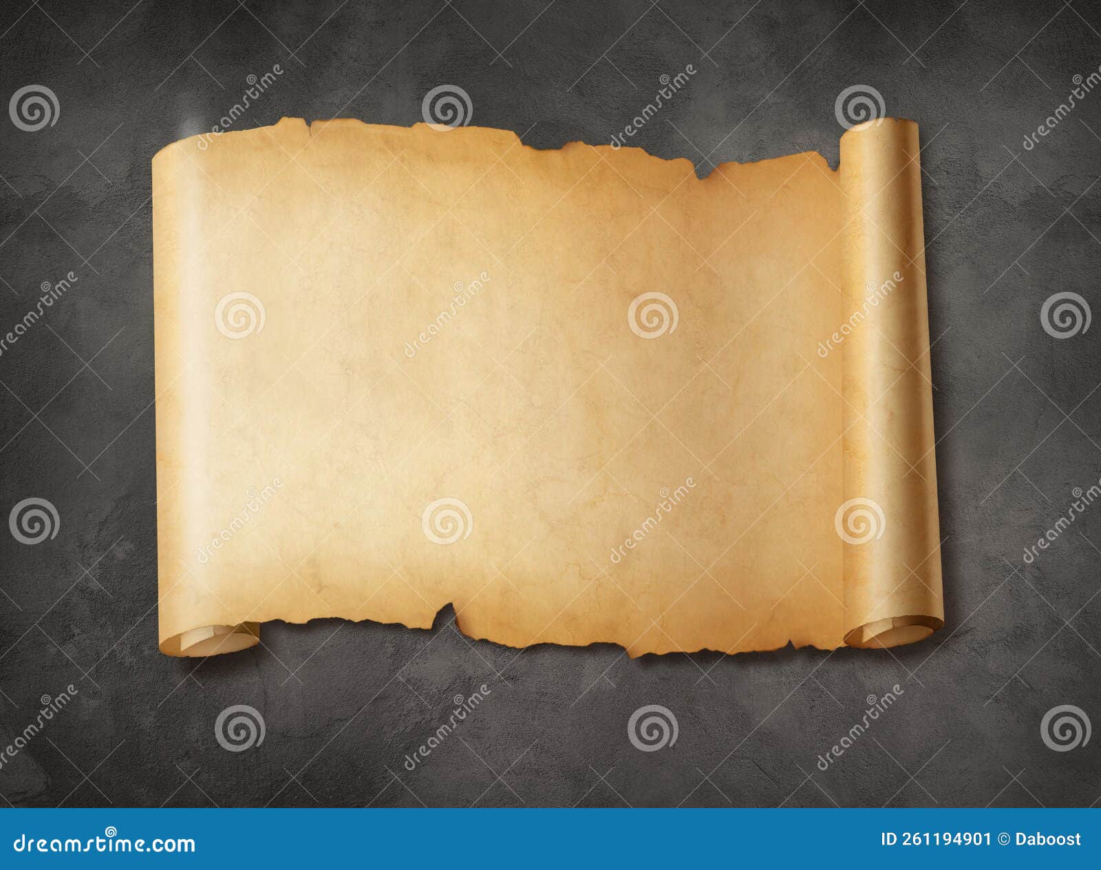 Old Mediaeval Paper Sheet. Horizontal Parchment Scroll on a Concrete ...