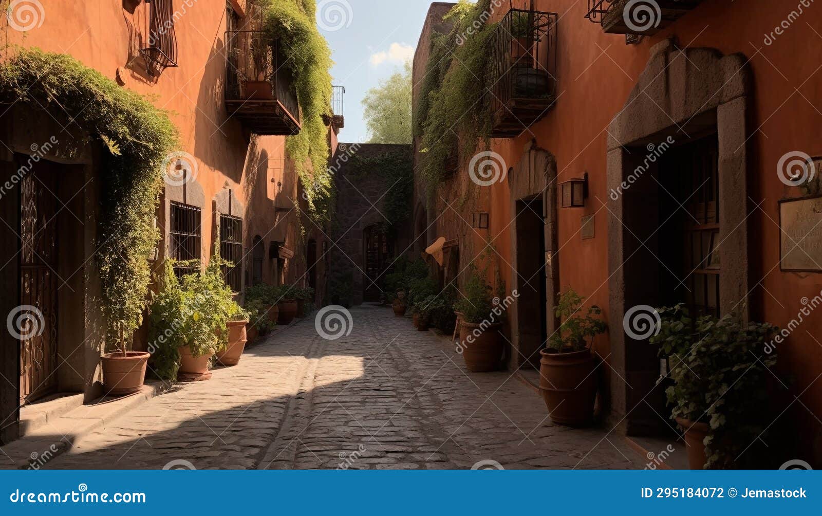 Old Medieval Building with Narrow Stone Corridor and Flower Pots ...