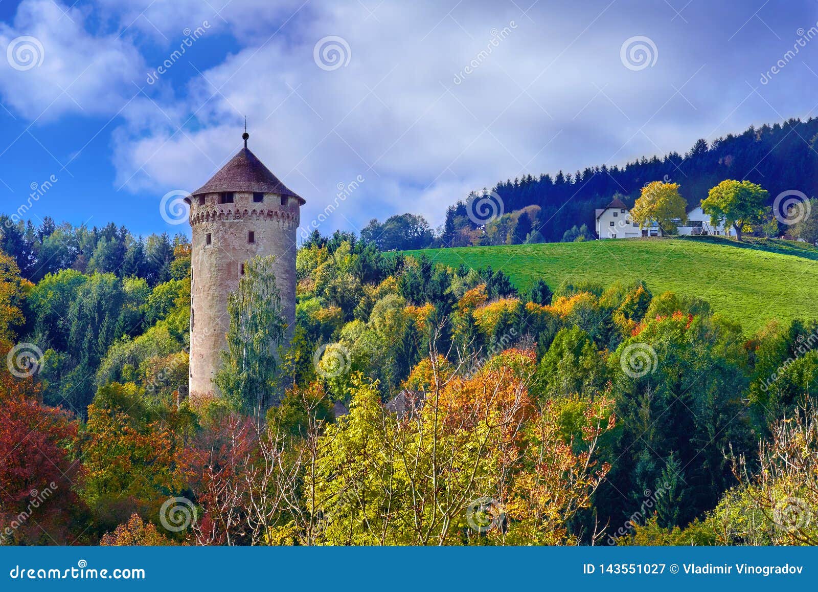 Old Medieval Castle Tower on a Hill in the Forest in Europe on a Bright ...