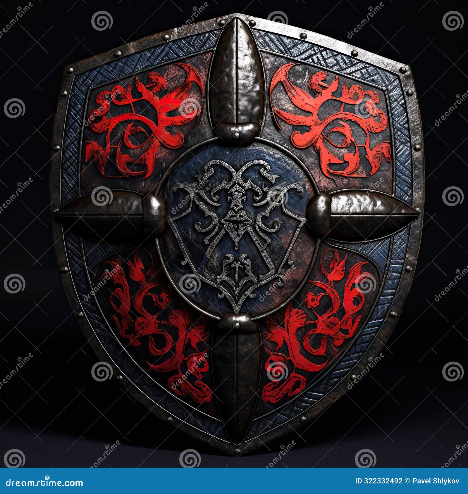 Old Medieval Decorated Shield Isolated on Black Background Stock Photo ...