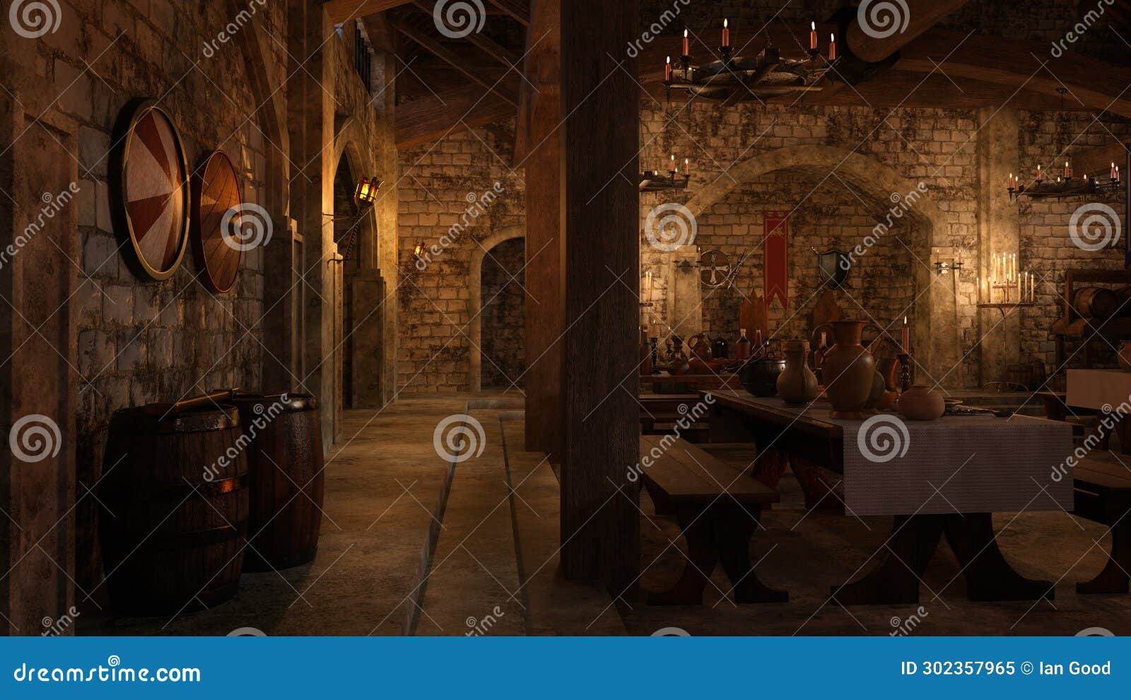 Old Medieval Dining Hall at Night with Viking Shields Hanging on the ...