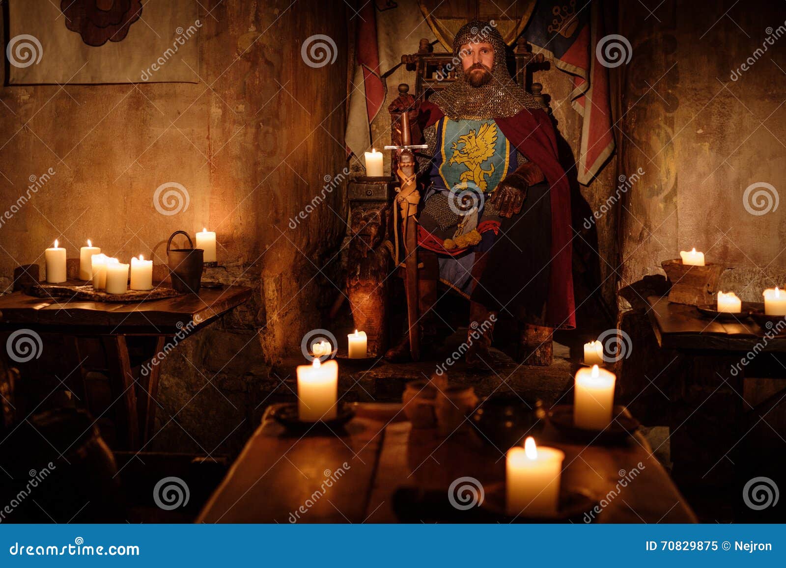 Old Medieval King on the Throne in Ancient Castle Interior. Stock Image ...