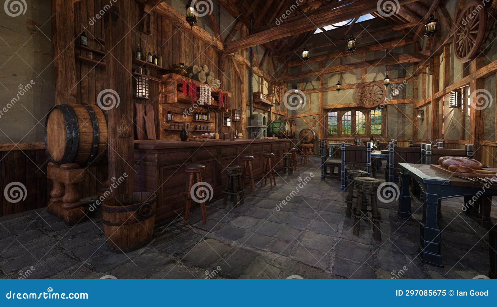 Old Medieval Tavern with Barstools by the Bar and Food on Tables. 3D ...