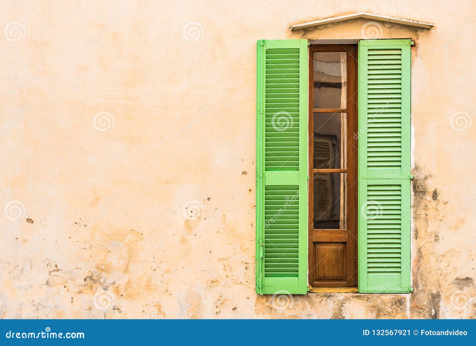 Mediterranean House with Open Green Window Shutter and Plaster Wall ...