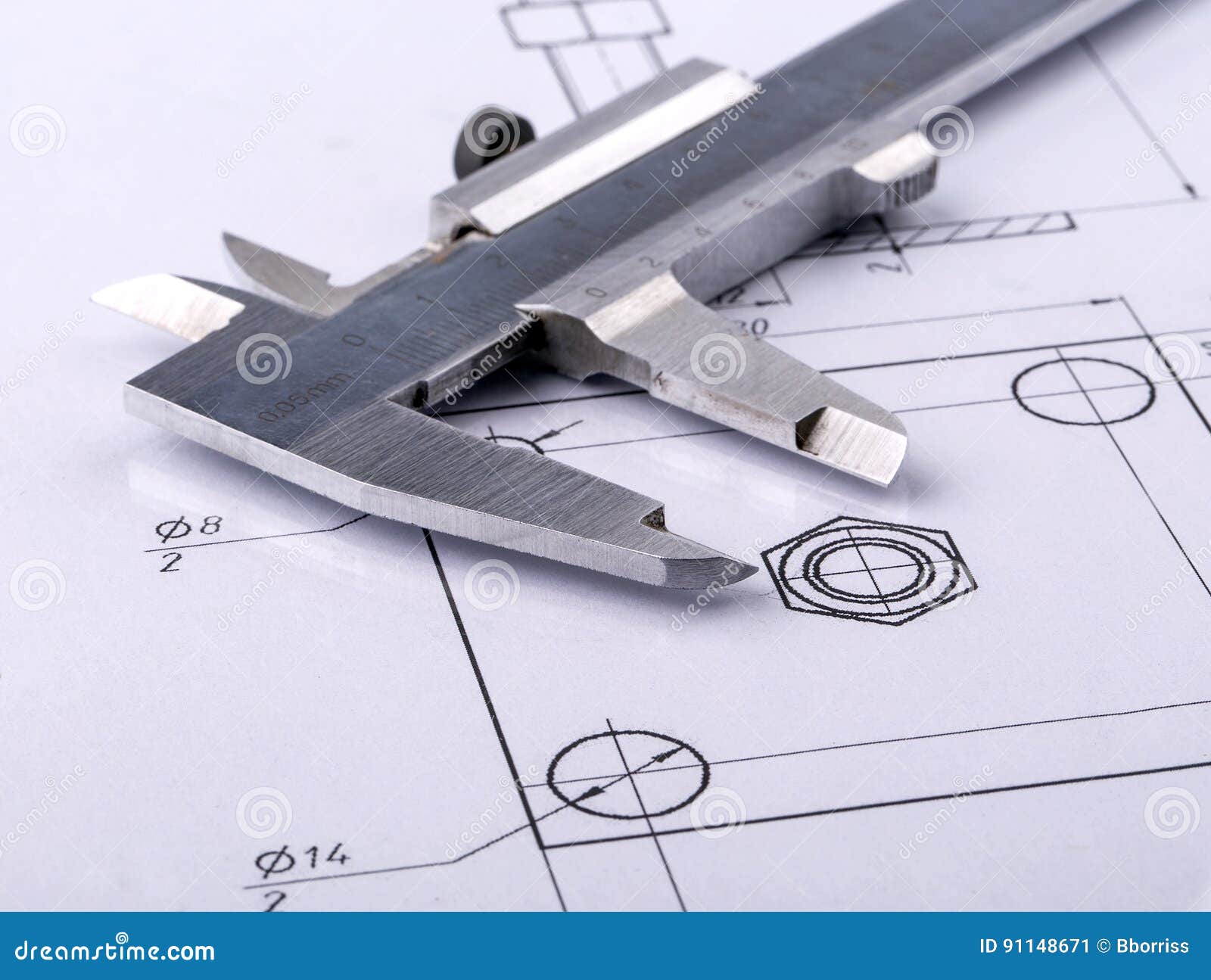 Old Metal Caliper and Engineering Drawing. Stock Image - Image of ...