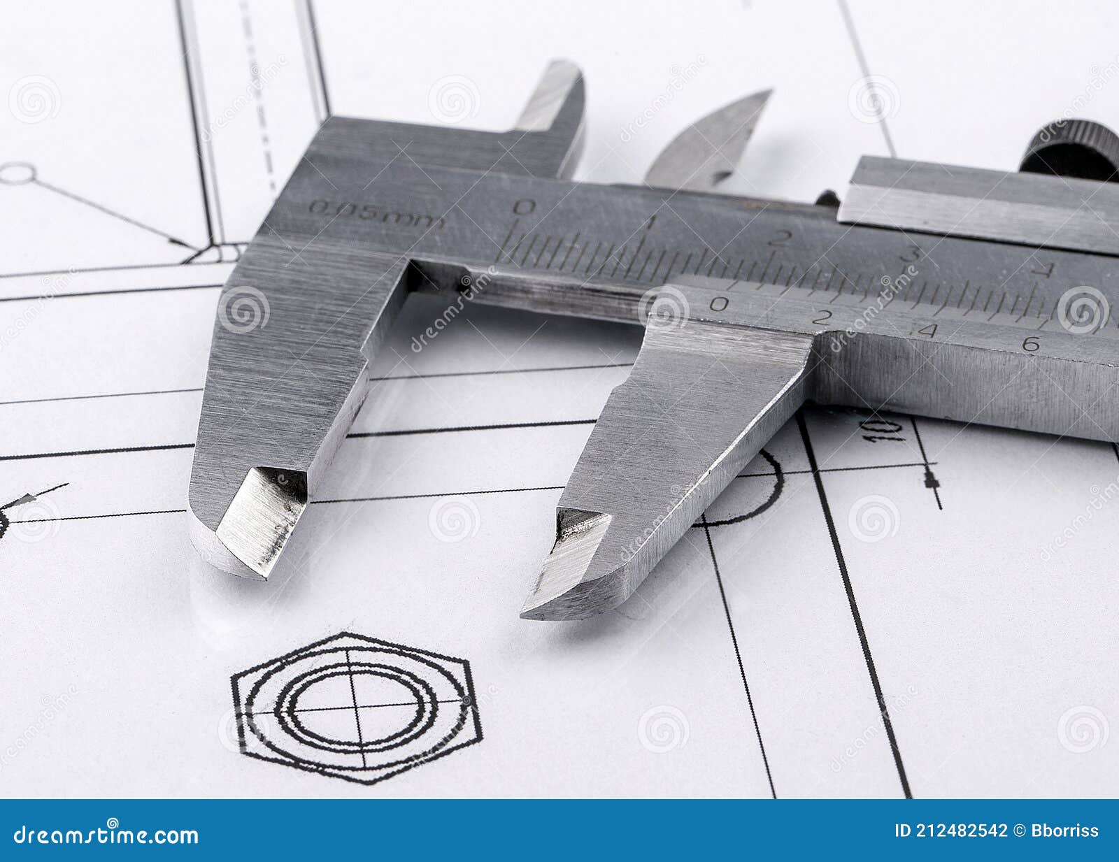 Old Metal Caliper and Engineering Drawing. Close Up Stock Photo - Image ...