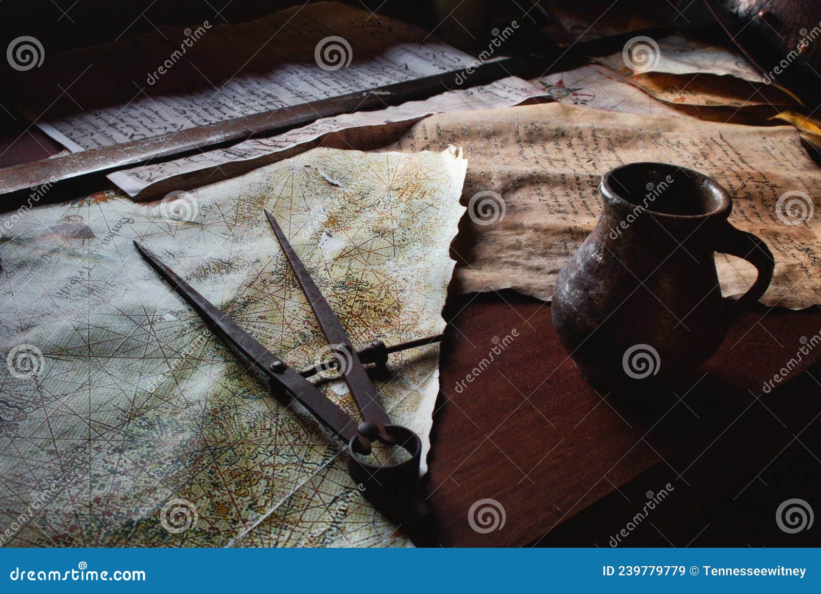 Old Metal Divider on a Map on the Captain`s Table Aboard a Pirate Ship ...