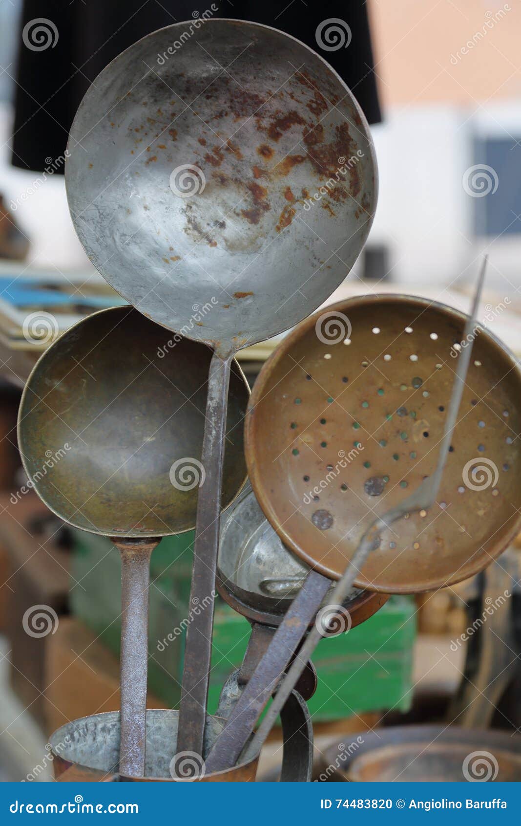 Old metal ladles stock photo. Image of dirty, skimmer - 74483820