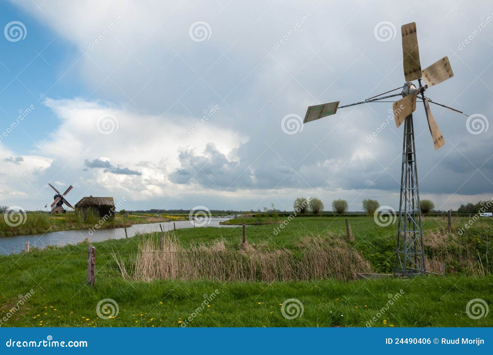 Old Metal Windmill in a Dutch Landscape Stock Photo - Image of blade ...